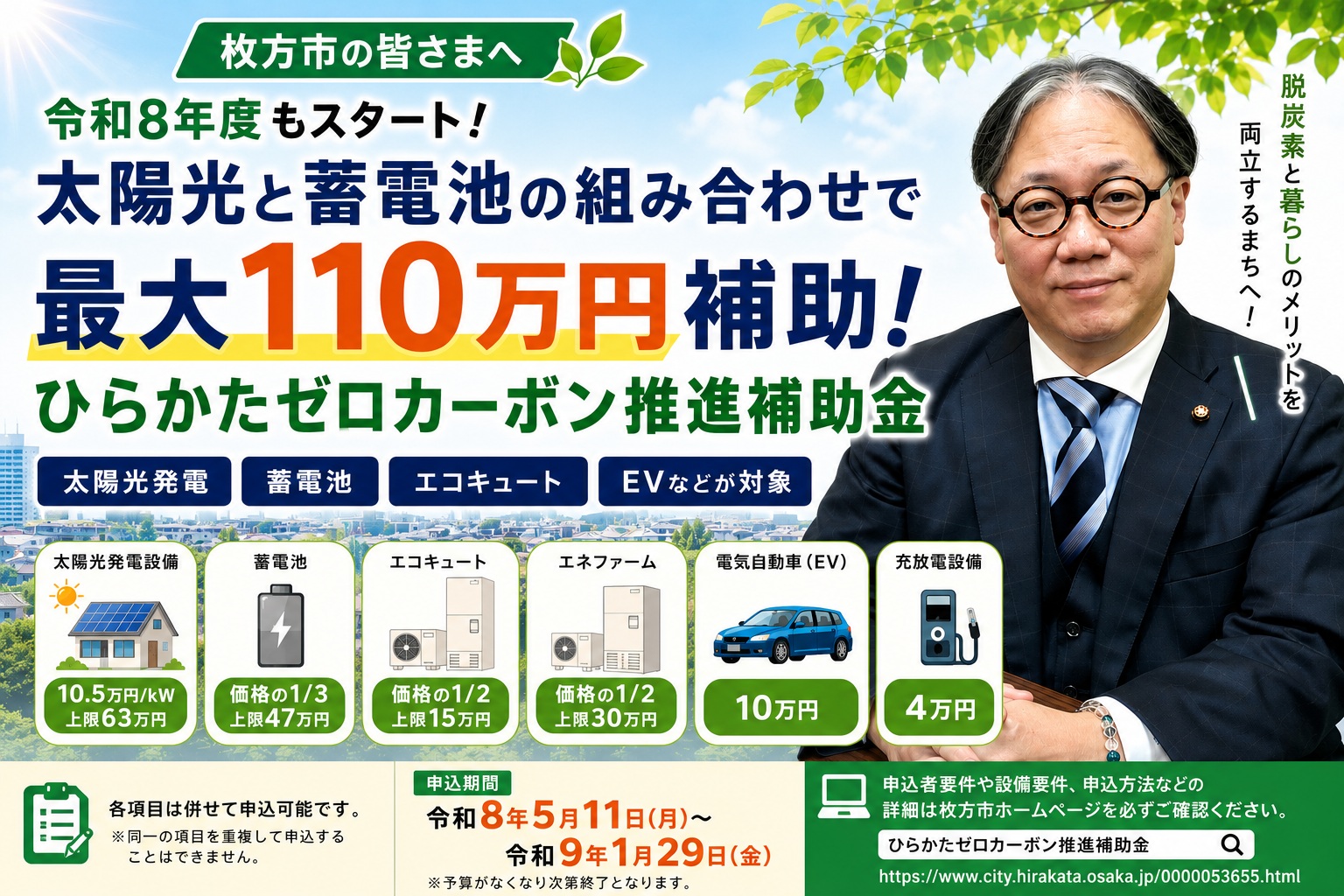 【枚方市】太陽光・蓄電池・EVに補助｜ゼロカーボン推進補助金をわかりやすく解説 - かじや知宏（カジヤトモヒロ） ｜ 選挙ドットコム